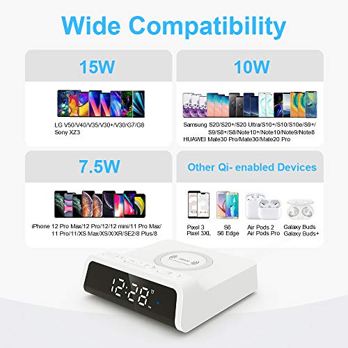 Alarm Clock with 15W Fast Wireless Charging Pad, Snooze Alarm Clock with 4 Brightness 12/24H,Compatible with iPhone,Galaxy, Samsung,LG,Android,AirPods Wireless Charger for Bedroom,Additional USB Port