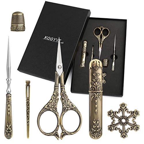 Embroidery Scissors Kits, Stainless Steel Safety Scissors, Threader with Needle Bottle, Metal Floss Bobbin, Awl, Thimble for Sewing,Cutting,Art Work,Embroidery,Needlework (Green patina)