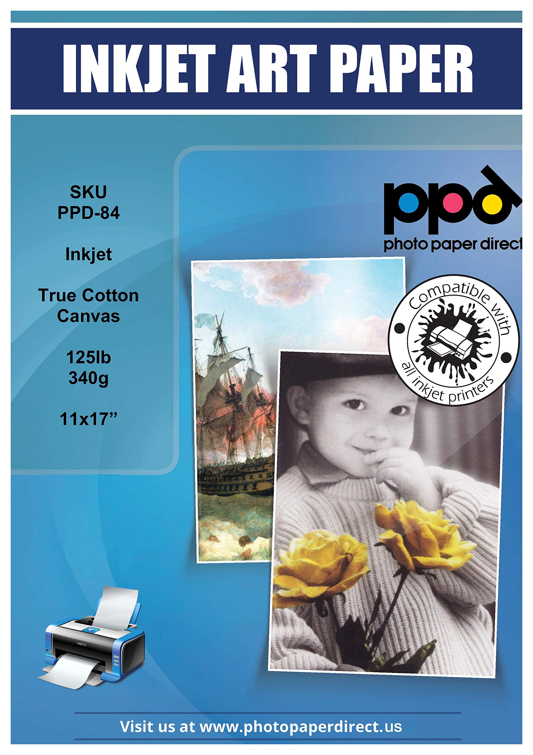 PPD Printable Fabric Sheets, Canvas Paper for Inkjet Printer, 11 x 17" Photo Fabric Printer Sheets, Print On 100% Real Cotton, Matte Finish, No Watermark, 340 gsm 125 lbs (10 Sheets)