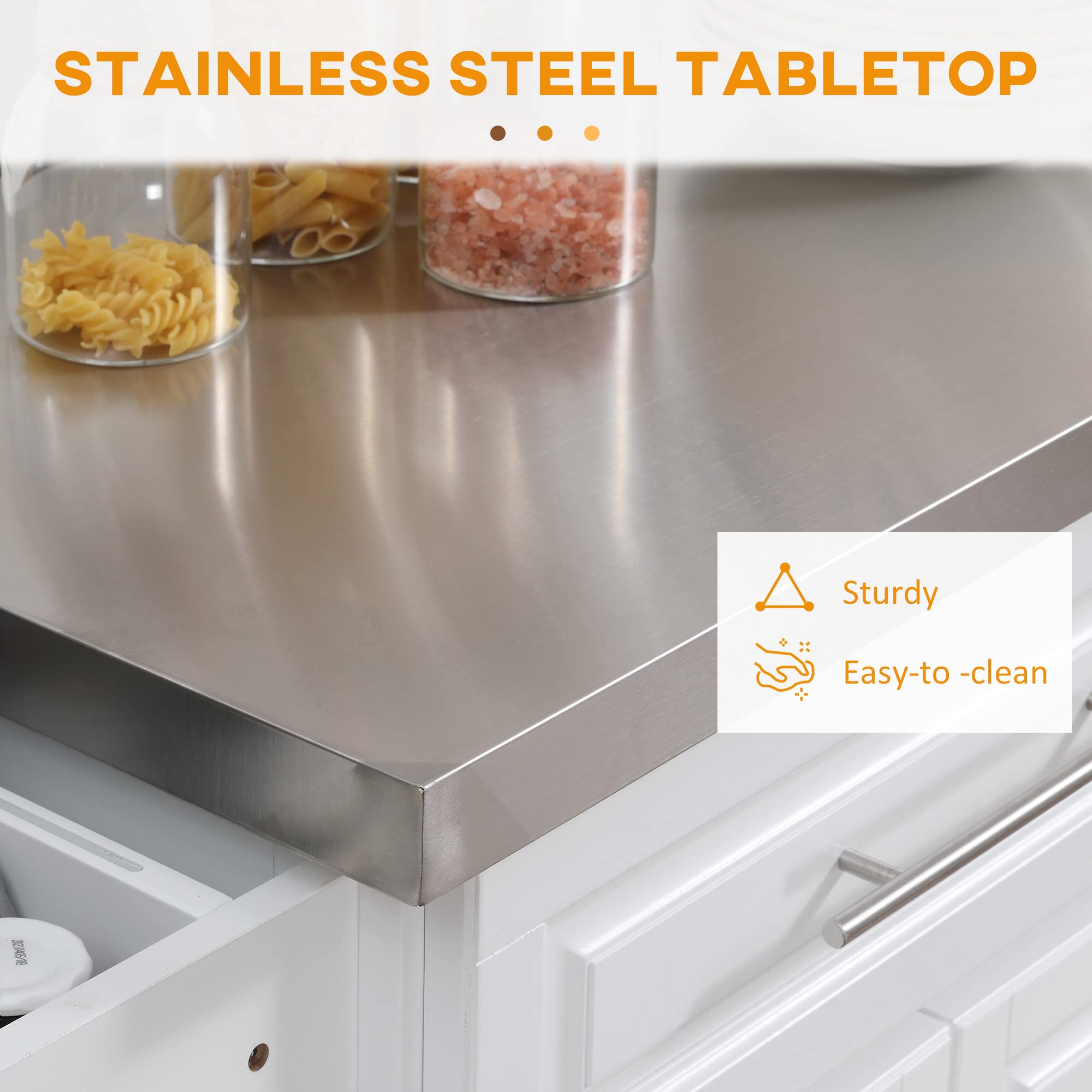 HOMCOM Rolling Kitchen Island with Storage, Portable Kitchen Cart with Stainless Steel Top, 2 Drawers, Spice, Knife and Towel Rack and Cabinets, White