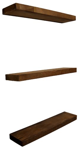 TIN ROOF DESIGNS Floating Shelf Set (Set of 3, 24" x 6" Shelves, Walnut), Rustic Farmhouse Shelving, Thick Hardwood Shelves