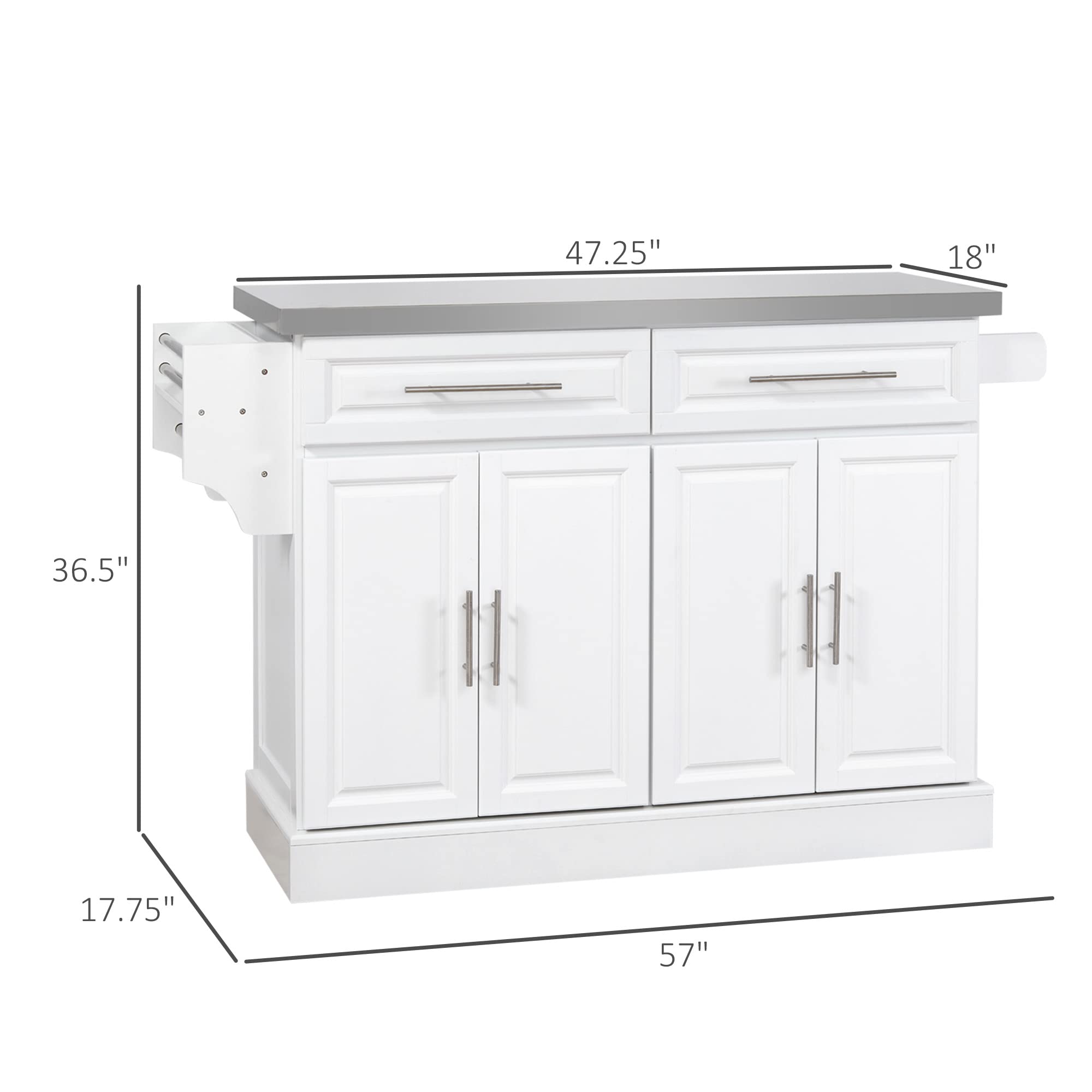 HOMCOM Rolling Kitchen Island with Storage, Portable Kitchen Cart with Stainless Steel Top, 2 Drawers, Spice, Knife and Towel Rack and Cabinets, White