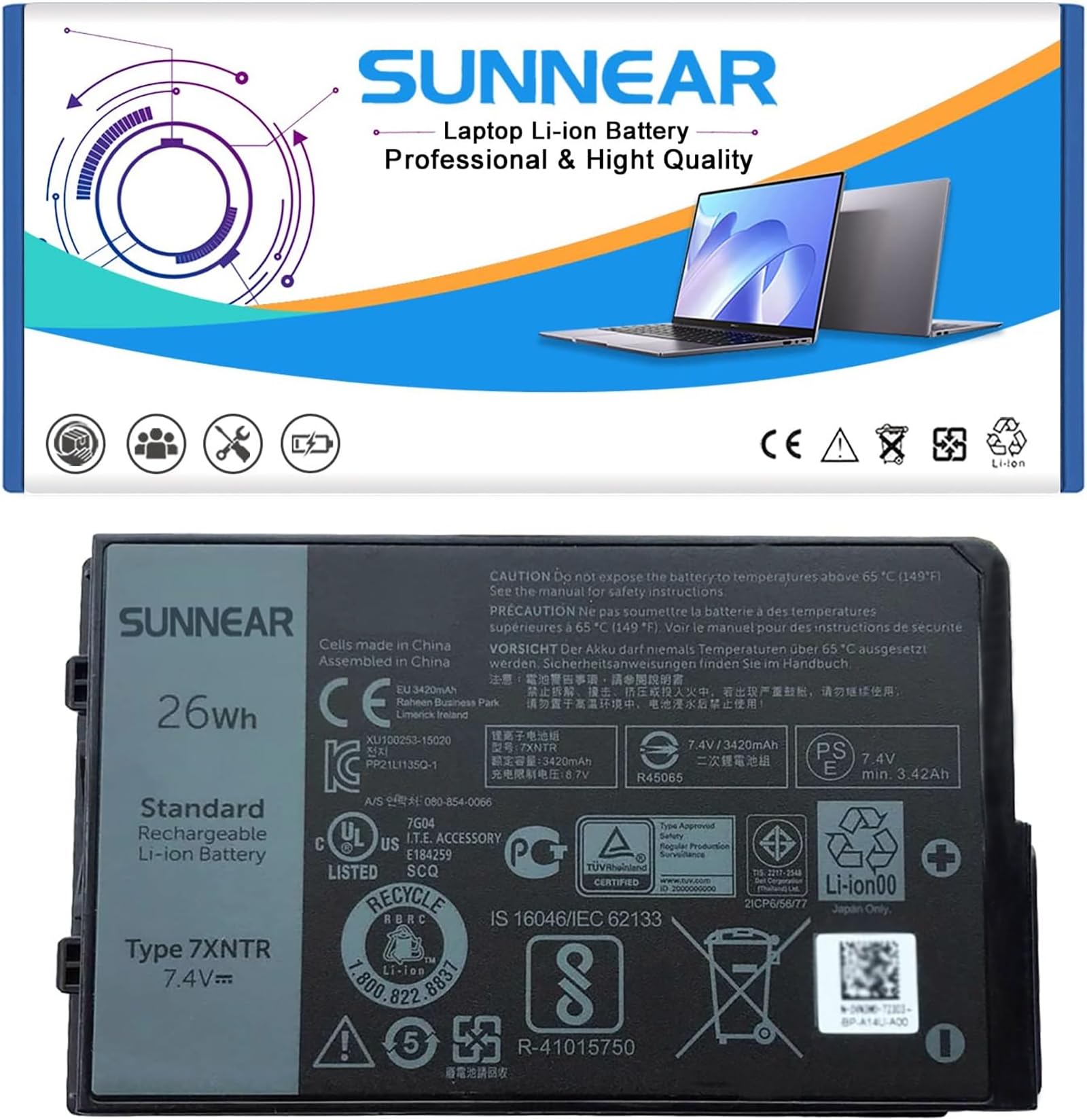 SUNNEAR 7XNTR Laptop Battery Compatible with Dell Latitude 12 7202 7212 Rugged Extreme Tablet Series Notebook J7HTX 07XNTR FH8RW 0FH8RW 7.4V 26Wh 3420mAh 2-Cell