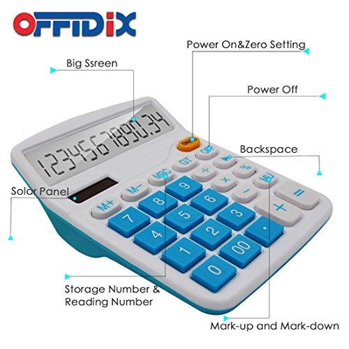 OFFIDIX Office Desktop Calculator, Solar and Battery Dual Power Electronic Calculator Portable 12 Digit Large LCD Display Calculator, Calculators Large Display Blue
