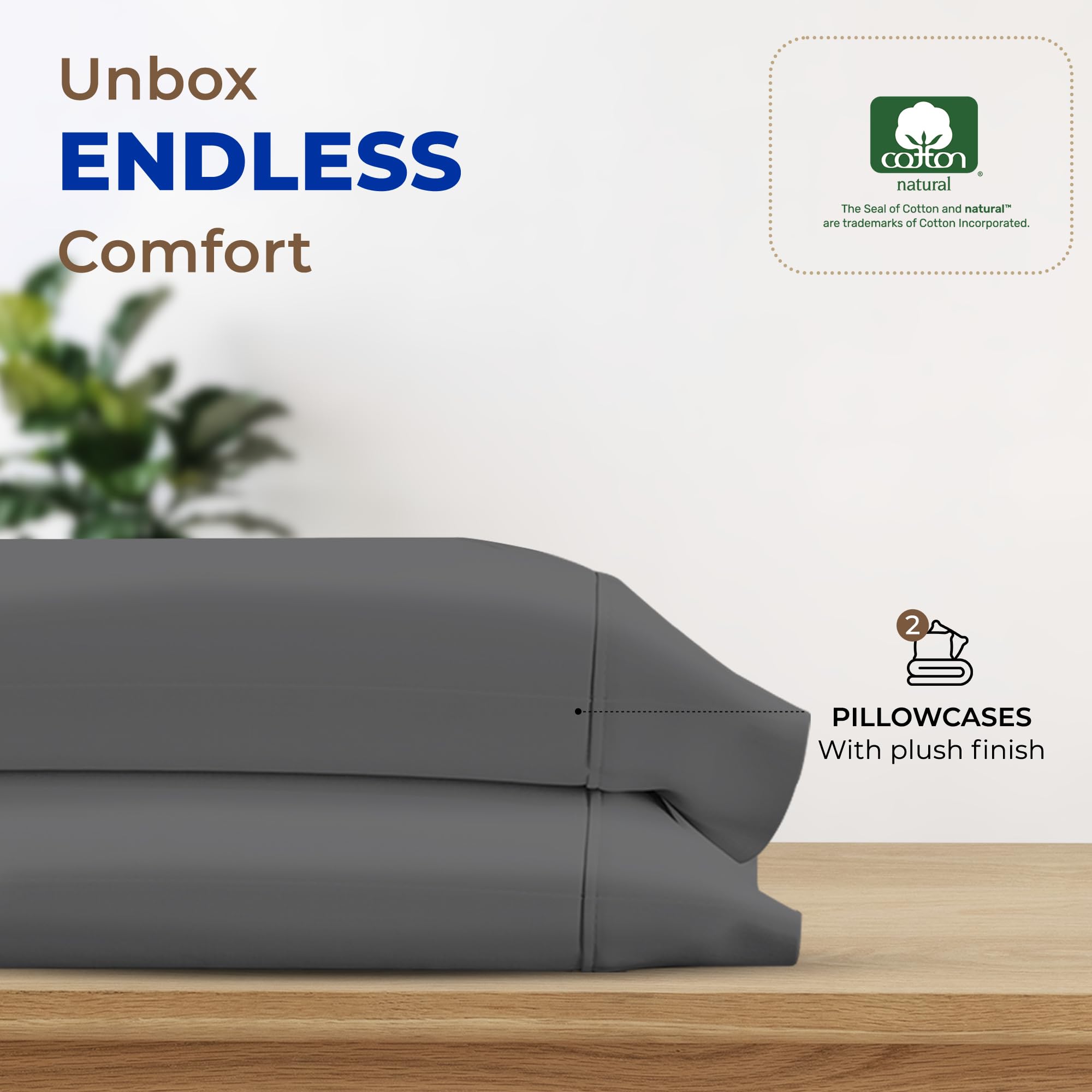THREAD SPREAD 100% Egyptian Cotton Pillow Cases - 1000 Thread Count Pillow Cases Queen/Standard Size Set of 2, Soft, Breathable Extra Long Staple Sateen Weave Cotton Pillow Cover for Bed - Dark Grey