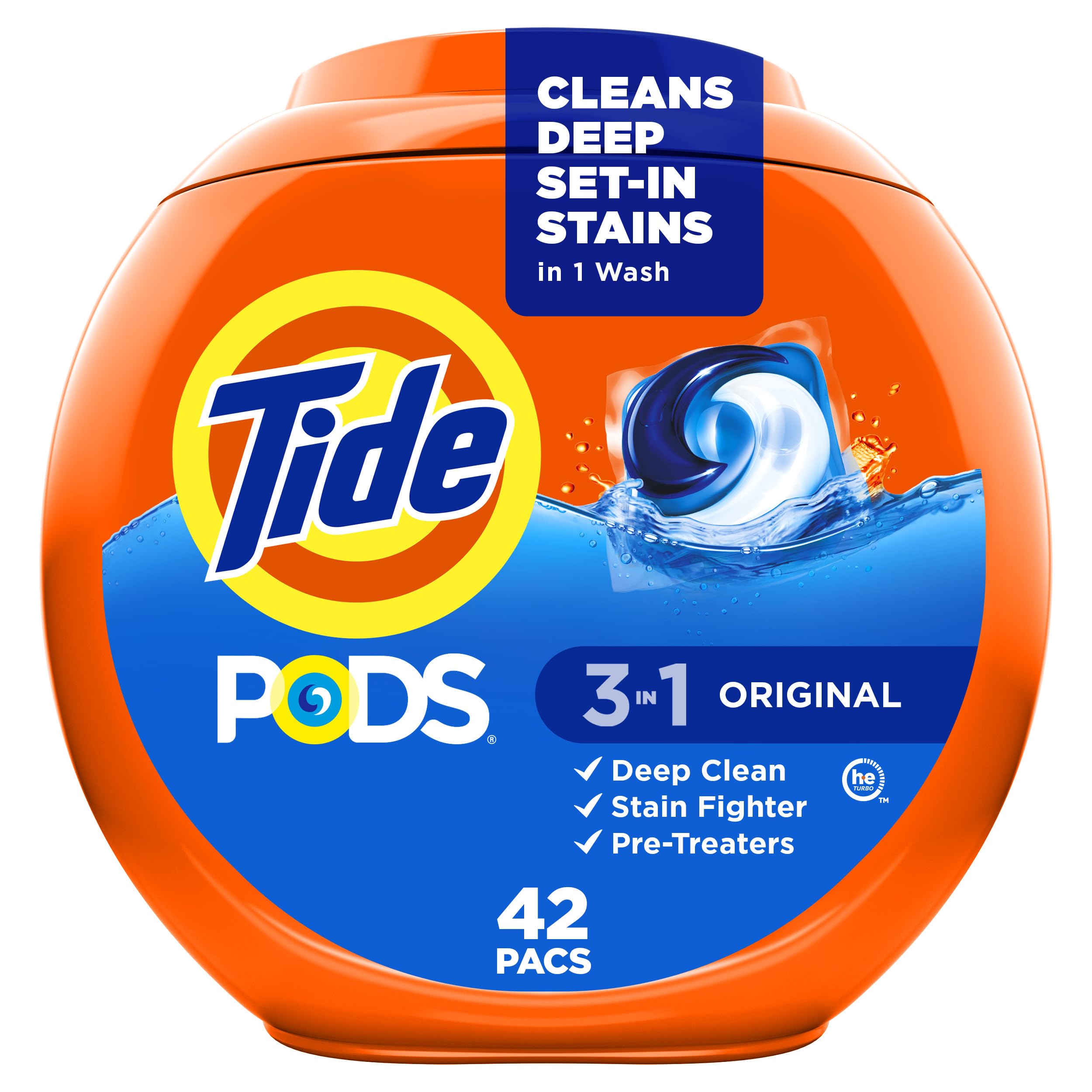 Tide PODS Liquid Laundry Detergent Soap Pacs, Original Scent, HE Compatible, 42 Count, Powerful 3-in-1 Clean in one Step, Tide PODS Laundry Detergent