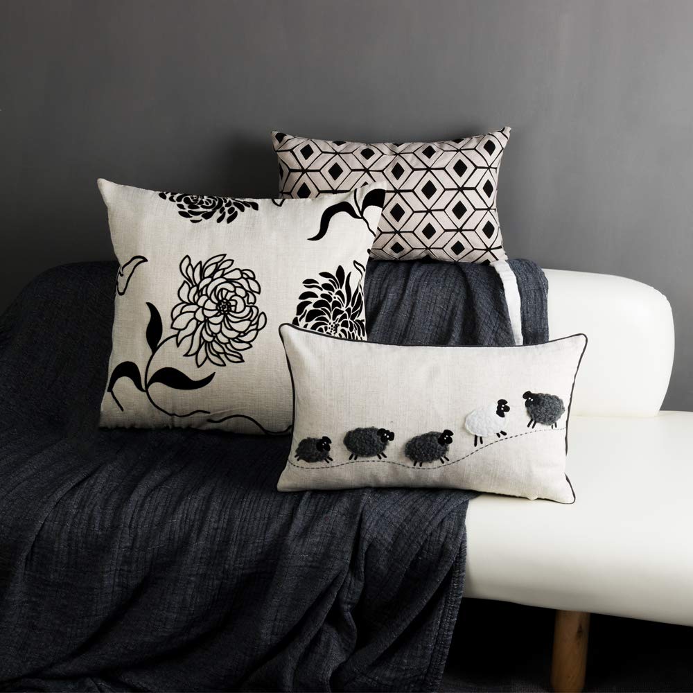 JWH Sheep Throw Pillow Cover Decorative Rectangle Cushion Cover Applique Accent Pillow Case Handmade Pillowcase Bed Couch Bedroom 12x20 Inch Beige Black
