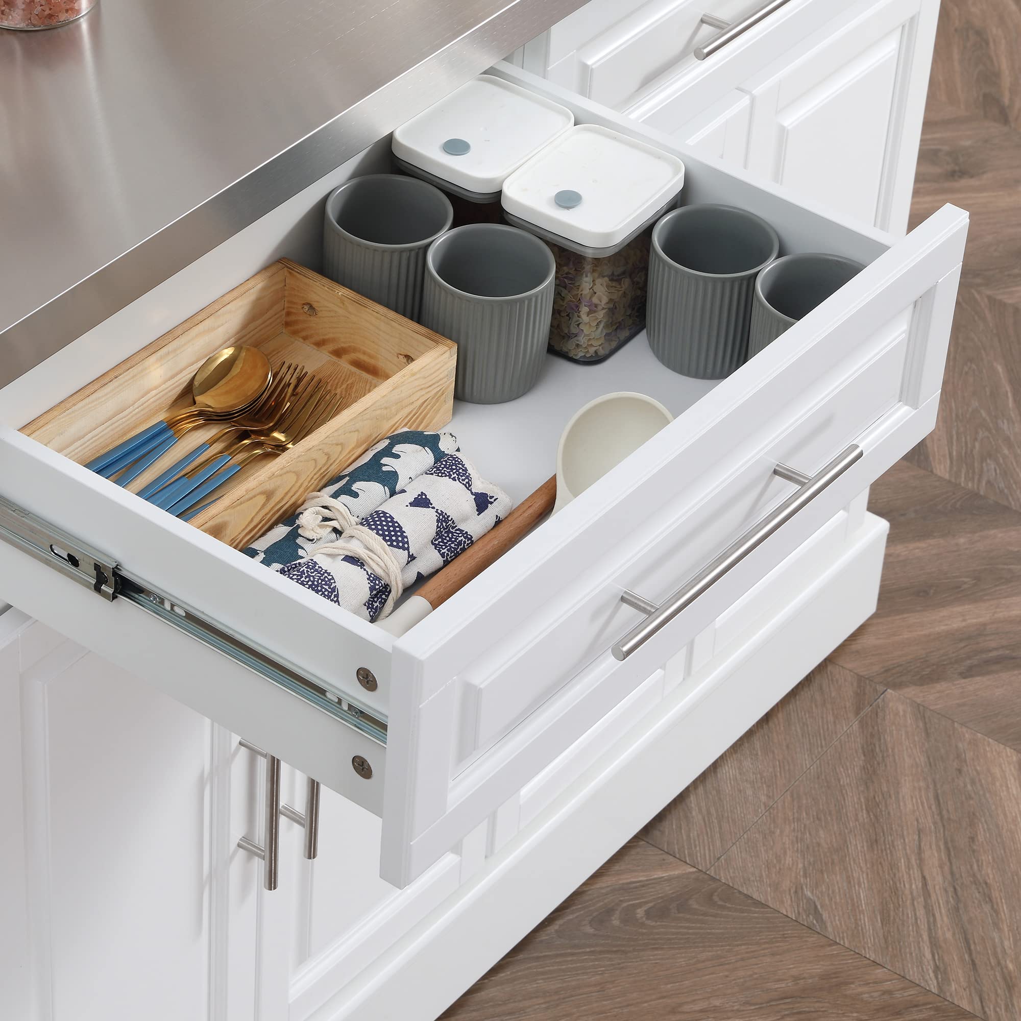HOMCOM Rolling Kitchen Island with Storage, Portable Kitchen Cart with Stainless Steel Top, 2 Drawers, Spice, Knife and Towel Rack and Cabinets, White