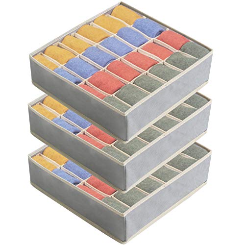 3 Pack Socks Underwear Drawer Organizer Divider, 24 Cells Foldable Fabric Closet Organizer Storage Box for Socks, Underwear, Ties, Belts