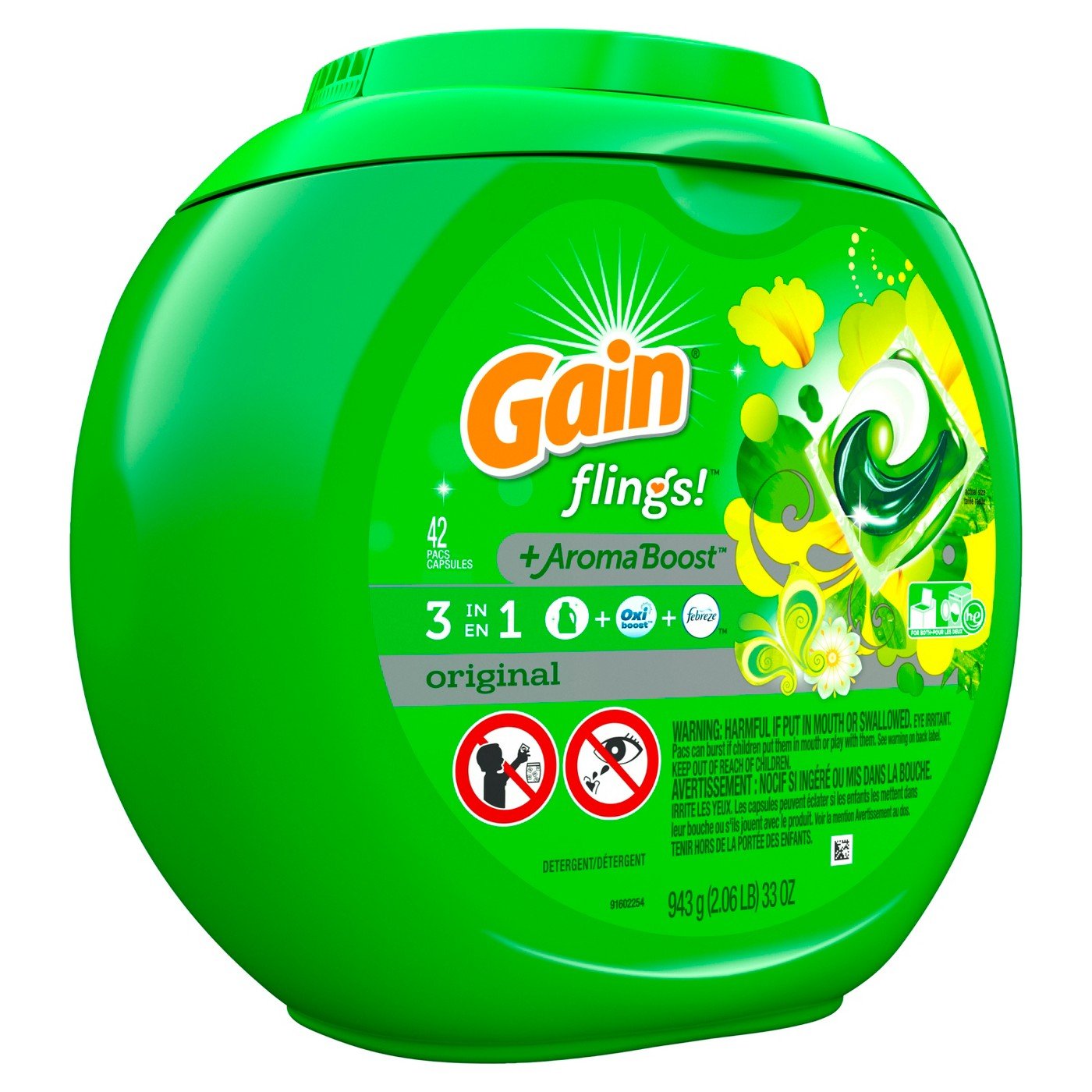 Gain Flings Liquid Laundry Detergent, Original Scent, 42 Count, HE Compatible