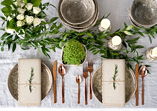 Hausattire Cloth Dinner Napkins in Cotton Flax Fabric with Lace & Tailored Mitered Corners - 20x20 Inches (Set of 12, Natural)