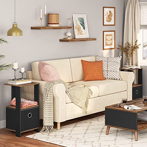 HOOBRO Bedside Table with Pull-Out Collapsible Storage Box, Retro Small Nightstand for Small Space, Living Room, Bedroom, Stable and Sturdy, Rustic Brown and Black BF35BZ01