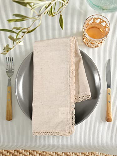 Hausattire Cloth Dinner Napkins in Cotton Flax Fabric with Lace & Tailored Mitered Corners - 20x20 Inches (Set of 12, Natural)
