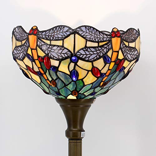 WERFACTORY Tiffany Floor Lamp Sea Blue Yellow Stained Glass Dragonfly Light 12X12X66 Inches Pole Torchiere Standing Corner Torch Uplight Decor Bedroom Living Room Home S128 Series