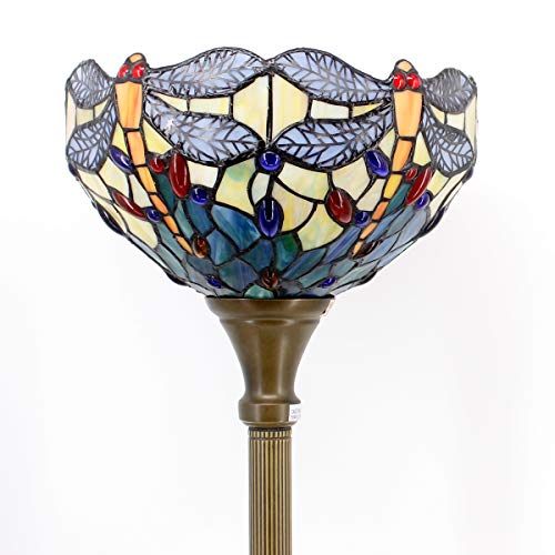 WERFACTORY Tiffany Floor Lamp Sea Blue Yellow Stained Glass Dragonfly Light 12X12X66 Inches Pole Torchiere Standing Corner Torch Uplight Decor Bedroom Living Room Home S128 Series