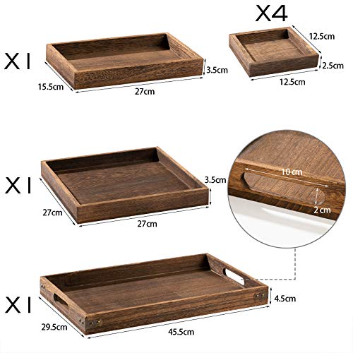 Rustic Wooden Serving Trays with Handle - Set of 7 - Large/Medium/Small/Mini-Nesting Multipurpose Trays - for Breakfast, Coffee Table/Butler & More