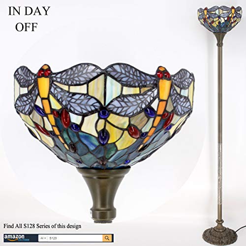 WERFACTORY Tiffany Floor Lamp Sea Blue Yellow Stained Glass Dragonfly Light 12X12X66 Inches Pole Torchiere Standing Corner Torch Uplight Decor Bedroom Living Room Home S128 Series