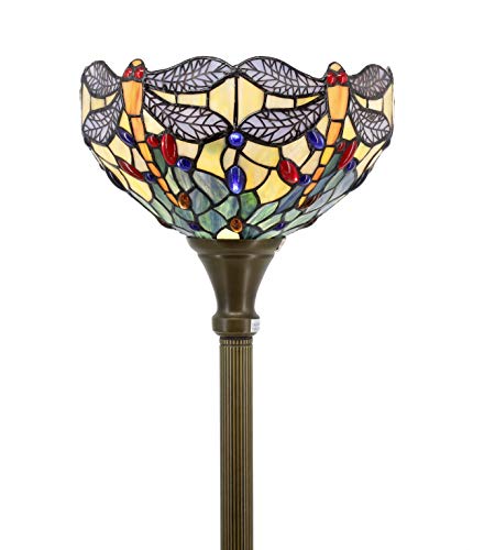 WERFACTORY Tiffany Floor Lamp Sea Blue Yellow Stained Glass Dragonfly Light 12X12X66 Inches Pole Torchiere Standing Corner Torch Uplight Decor Bedroom Living Room Home S128 Series