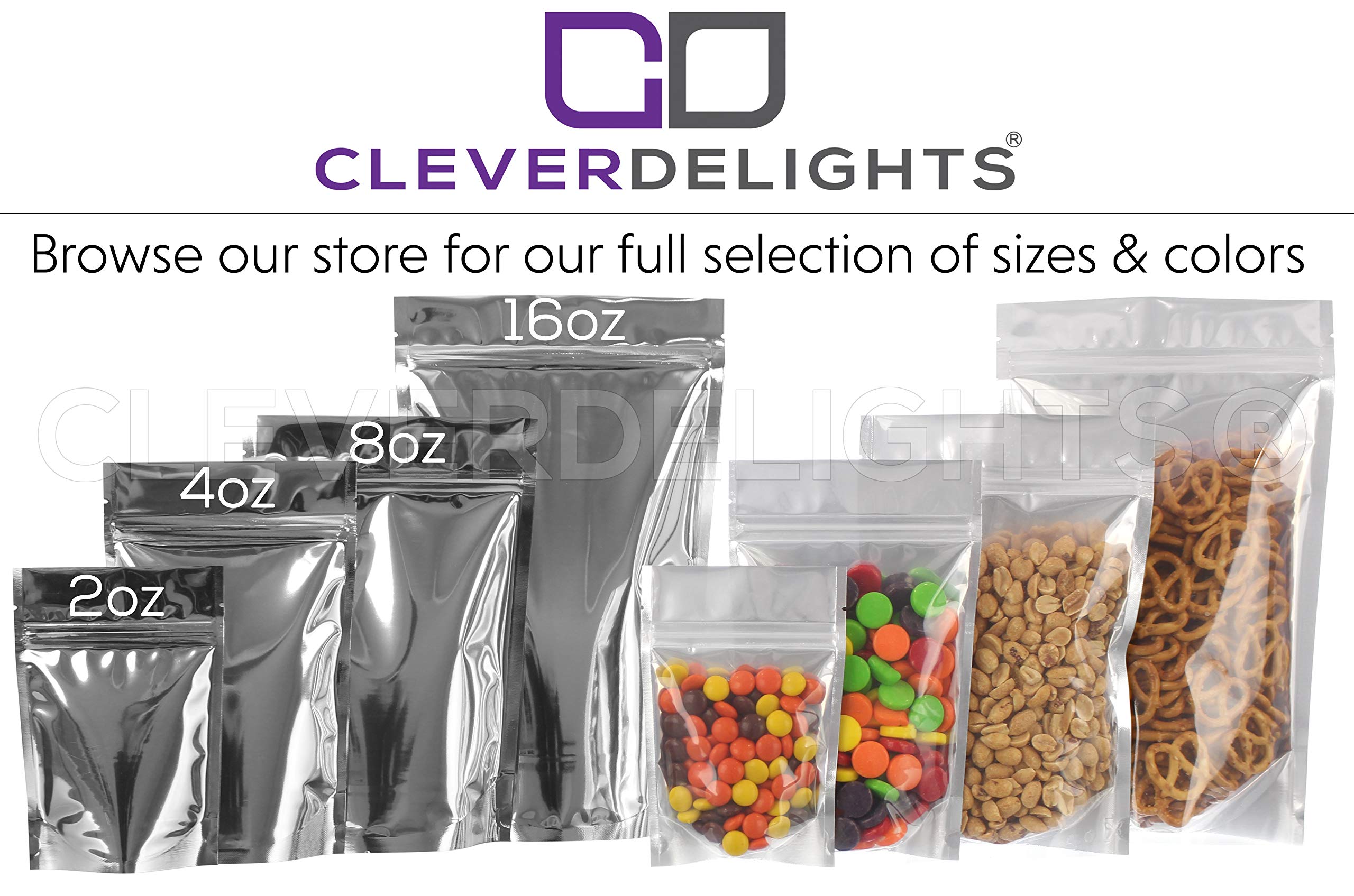 CleverDelights Silver/Clear Stand Up Pouches - 2oz - 100 Pack - 4" x 6" x 2" - Resealable Bag