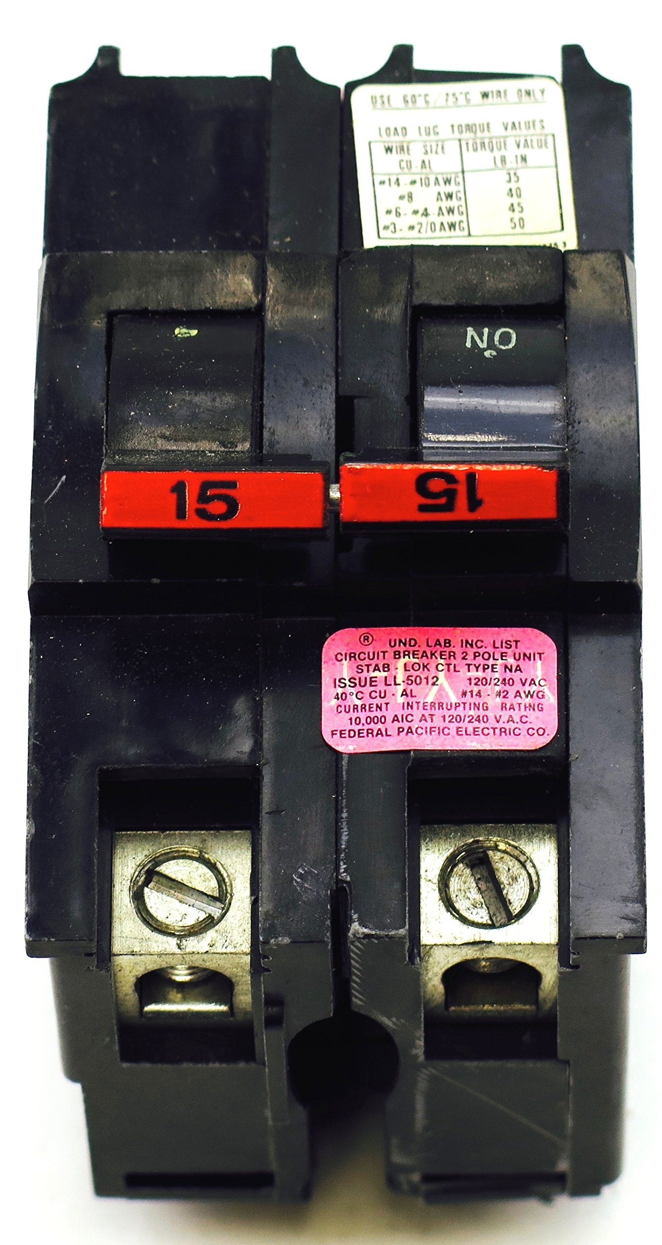 A NA215 STAB-LOK FEDERAL PACIFIC 15 AMP, 2 POLE FPE BREAKER 15A 2P THICK SERIES 215 NI