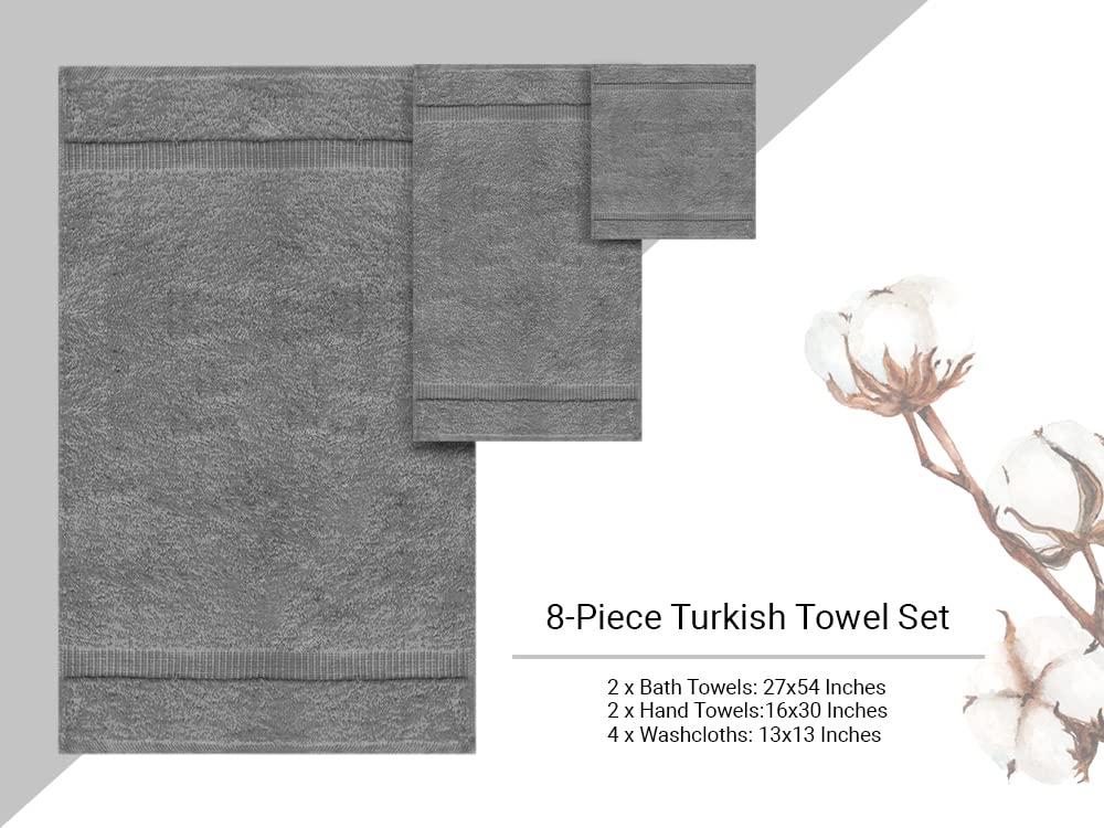 Towel Bazaar Premium Cotton Super Soft and Absorbent Turkish Towels (8-Piece Towel Set, Gray)