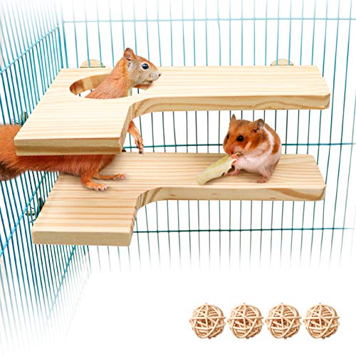 2 Pieces Hamster Wooden Platform Set, L-Shaped Pedal Wooden Platform & L-Shaped Round Hole Wooden Platform with 8 Piece Sepak Takraw Chew Toys, Gerbil Chinchilla Guinea Pigs Parrot Stand Perch (H01)