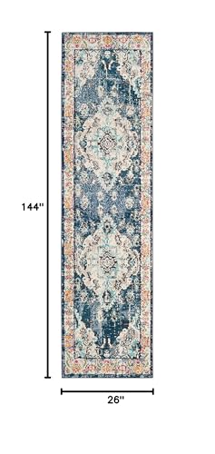 SAFAVIEH Monaco Collection Runner Rug - 2'2" x 12', Navy & Light Blue, Boho Chic Medallion Distressed Design, Non-Shedding & Easy Care, Ideal for High Traffic Areas in Living Room, Bedroom (MNC243N)