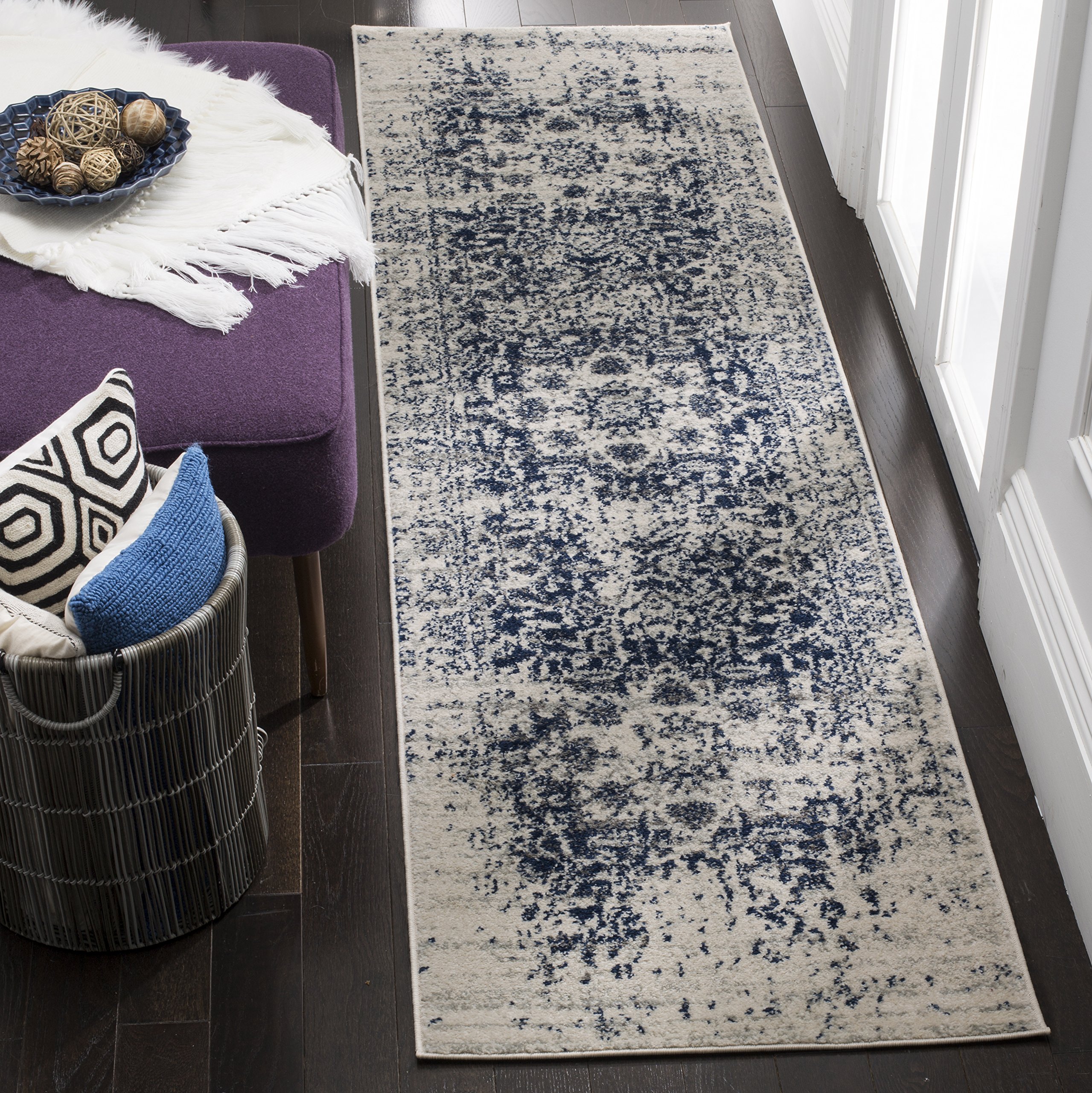SAFAVIEH Madison Collection Runner Rug - 2'3" x 12', Cream & Navy, Snowflake Medallion Distressed Design, Non-Shedding & Easy Care, Ideal for High Traffic Areas in Living Room, Bedroom (MAD603D)