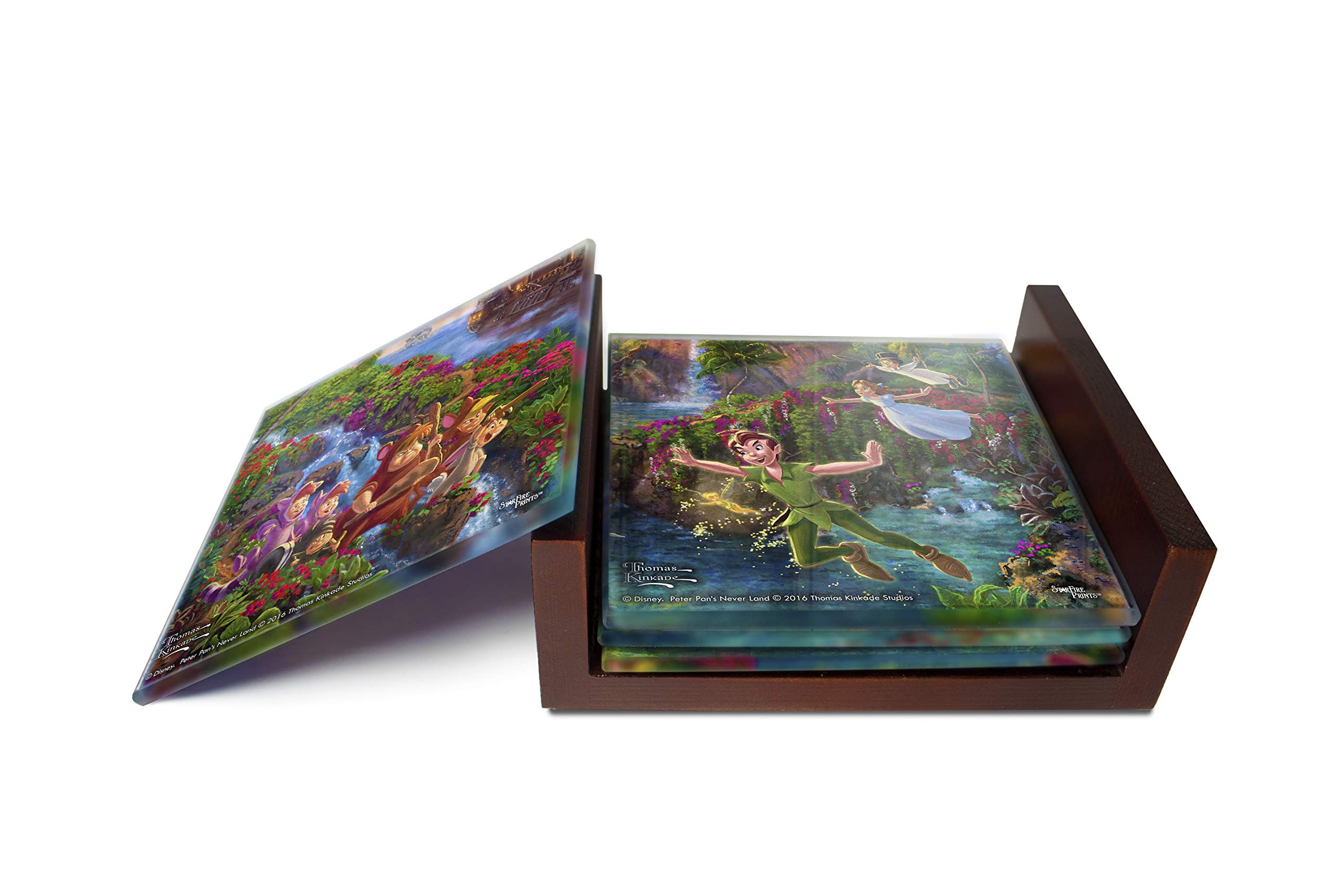 Disney Peter Pan Glass Coaster Set Decor - Thomas Kinkade - Comes with Stylish Modern Wooden Holder