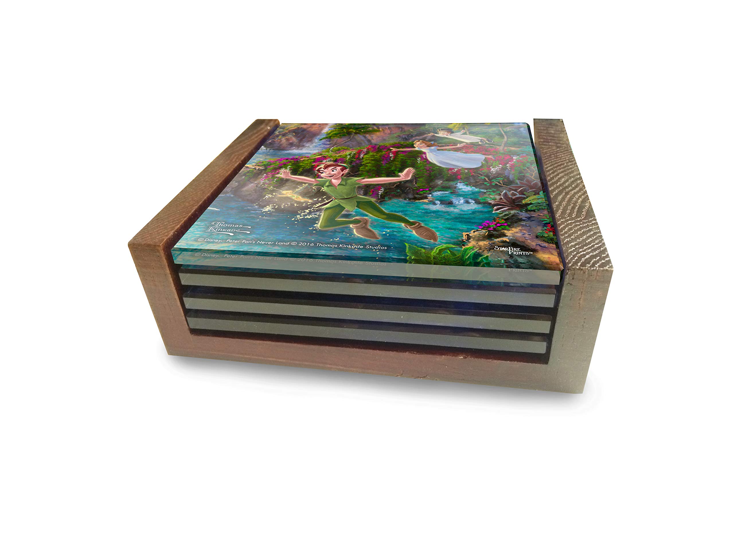 Disney Peter Pan Glass Coaster Set Decor - Thomas Kinkade - Comes with Stylish Modern Wooden Holder