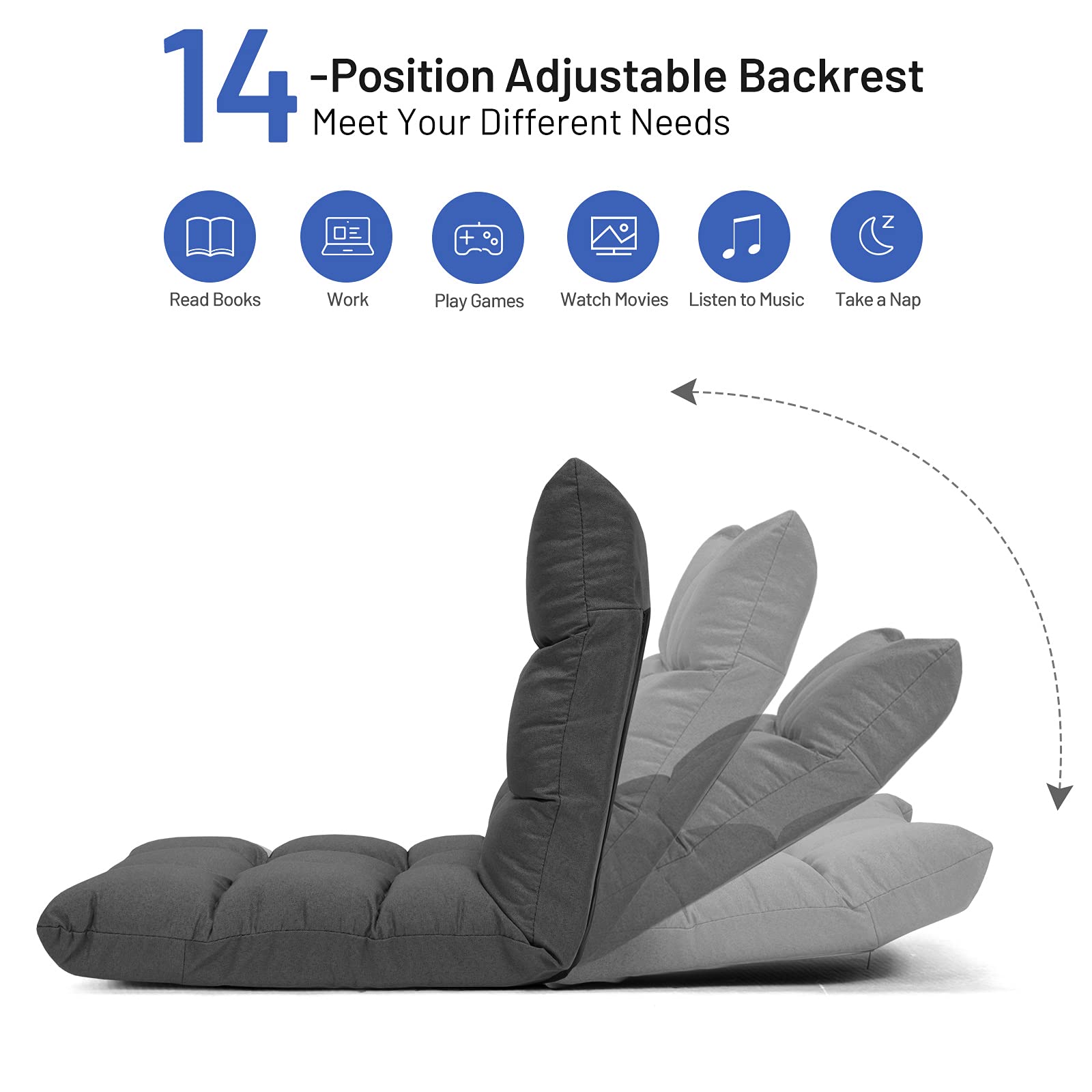 Giantex Floor Sofa Chair Video Gaming Chair with 14 Adjustable Position, Padded Back Support Floor Cushioned Seat, Folding Lazy Chair for Meditation, Reading, Watching, Living Room Recliner(Grey)