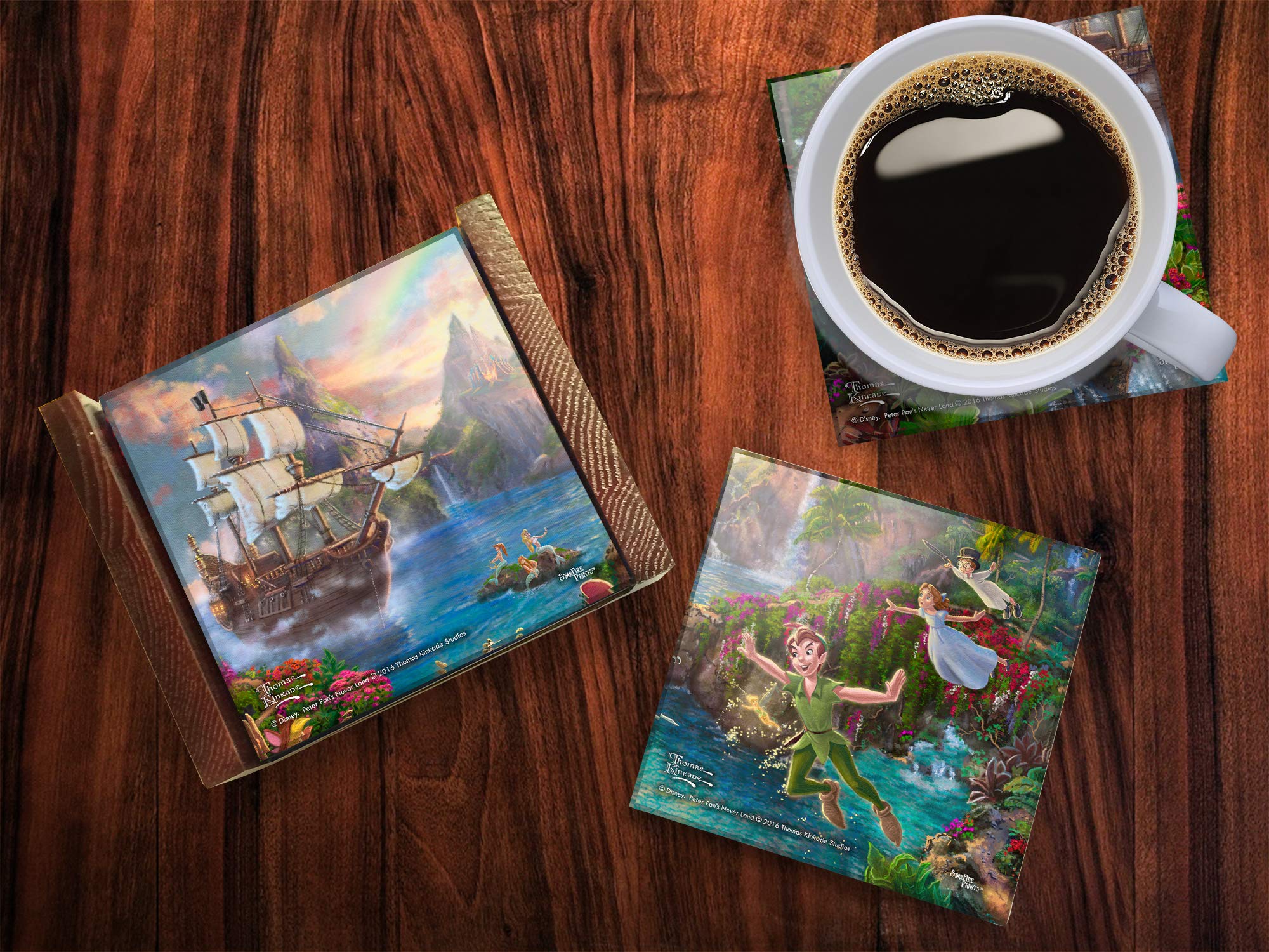 Disney Peter Pan Glass Coaster Set Decor - Thomas Kinkade - Comes with Stylish Modern Wooden Holder
