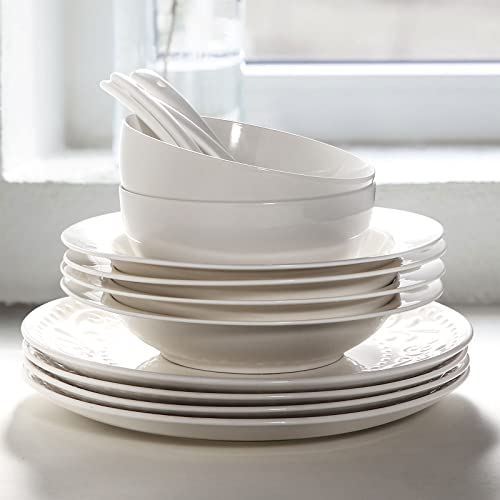 Artena Asian Soup Bowls with Spoons Set of 4, 26 oz Pasta, Ramen, Pho Bowls and Soup Spoons Set, Advanced Porcelain Elegant White Cereal Bowls for Kitchen, Dishwasher Microwave Oven Safe Bowls