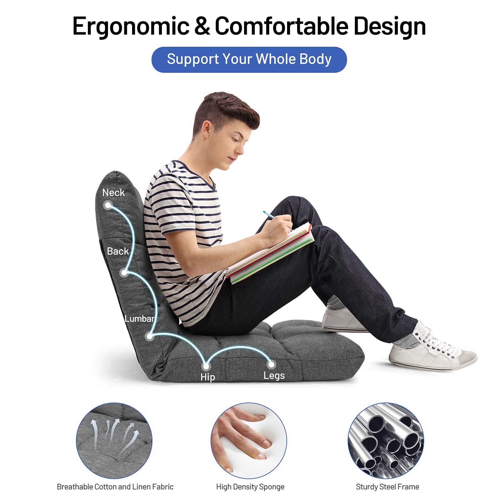 Giantex Floor Sofa Chair Video Gaming Chair with 14 Adjustable Position, Padded Back Support Floor Cushioned Seat, Folding Lazy Chair for Meditation, Reading, Watching, Living Room Recliner(Grey)