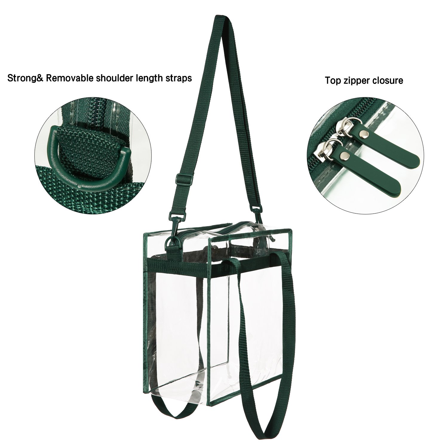 BAGAIL Clear bags Stadium Approved Clear Tote Bag with Zipper Closure Crossbody Messenger Shoulder Bag with Adjustable Strap(12 Inch X 12 Inch X 6 Inch,Green)