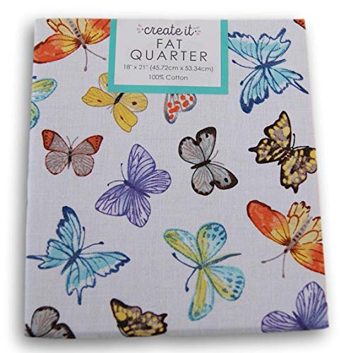 Fat Quarter 100% Cotton for Sewing Crafts - 18 x 21 Inches (Butterflies on White)