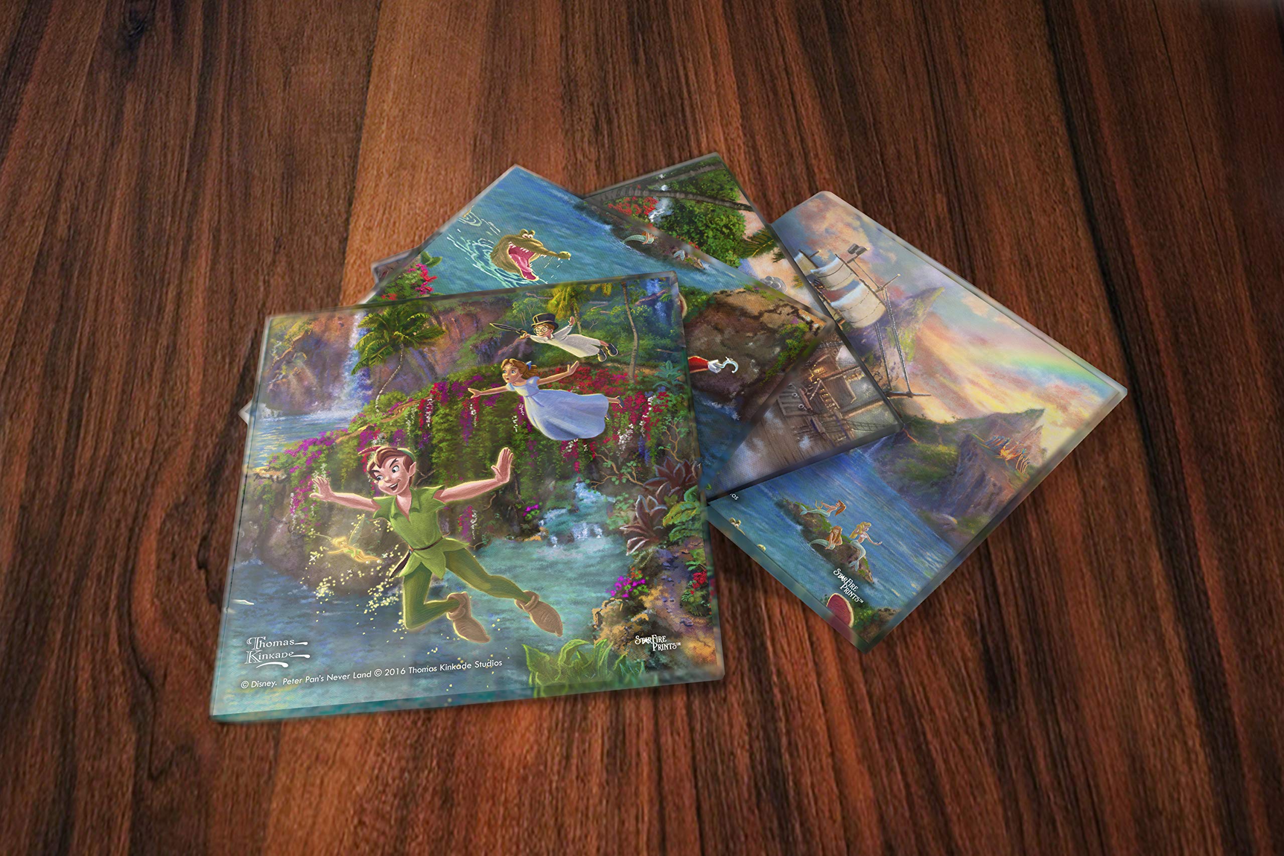 Disney Peter Pan Glass Coaster Set Decor - Thomas Kinkade - Comes with Stylish Modern Wooden Holder