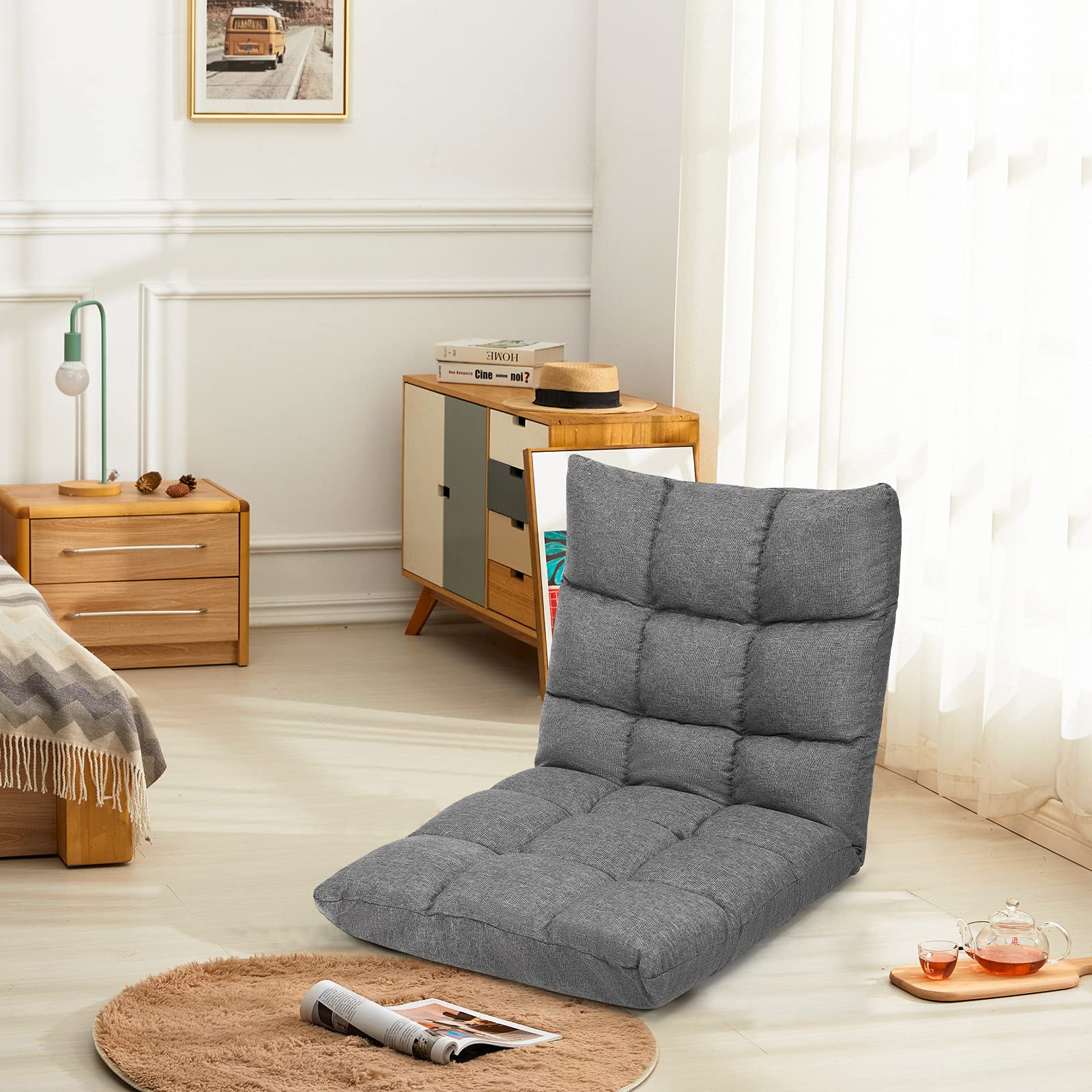 Giantex Floor Sofa Chair Video Gaming Chair with 14 Adjustable Position, Padded Back Support Floor Cushioned Seat, Folding Lazy Chair for Meditation, Reading, Watching, Living Room Recliner(Grey)