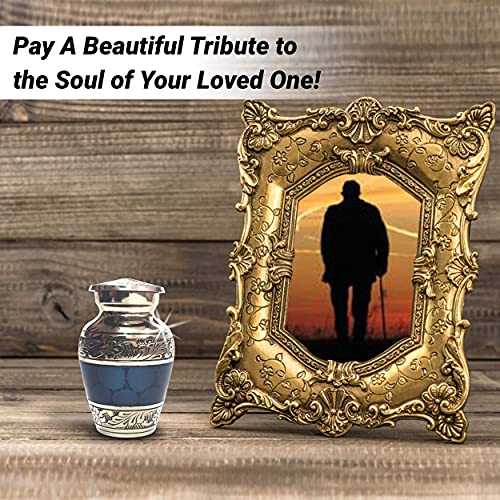 Small Keepsake Cremation Urn for Human Ashes with Velvet Heart Case and Funnel - Beautiful Peaceful Dark Blue Brass Hand Engraved Mini Memorial Urn
