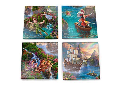 Disney Peter Pan Glass Coaster Set Decor - Thomas Kinkade - Comes with Stylish Modern Wooden Holder