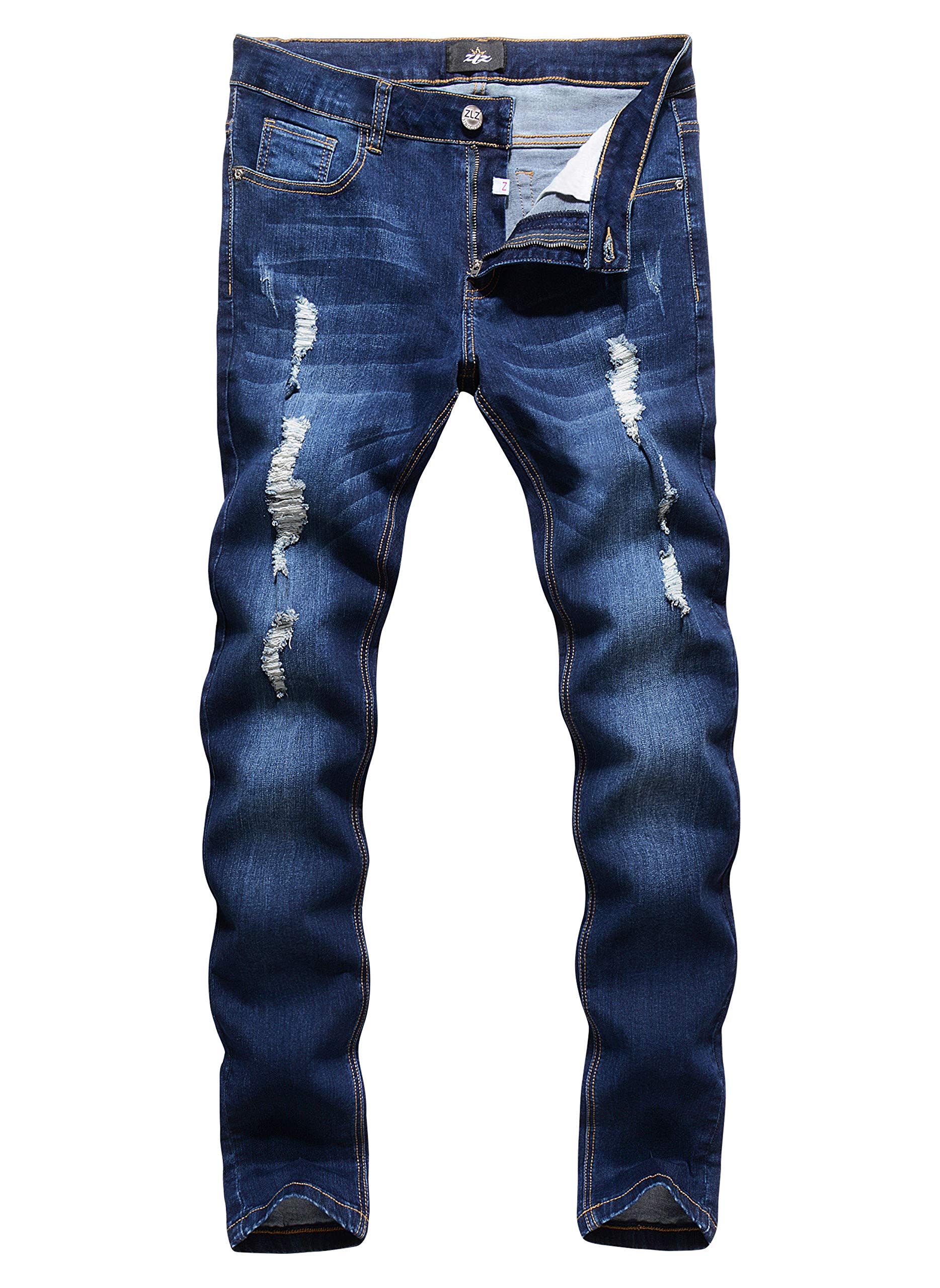 ZLZ Blue Ripped Distressed Jeans for Men Slim Fit, Men's Fashion Design Destroyed Jeans Pants with Holes Stretch Fit Size 34