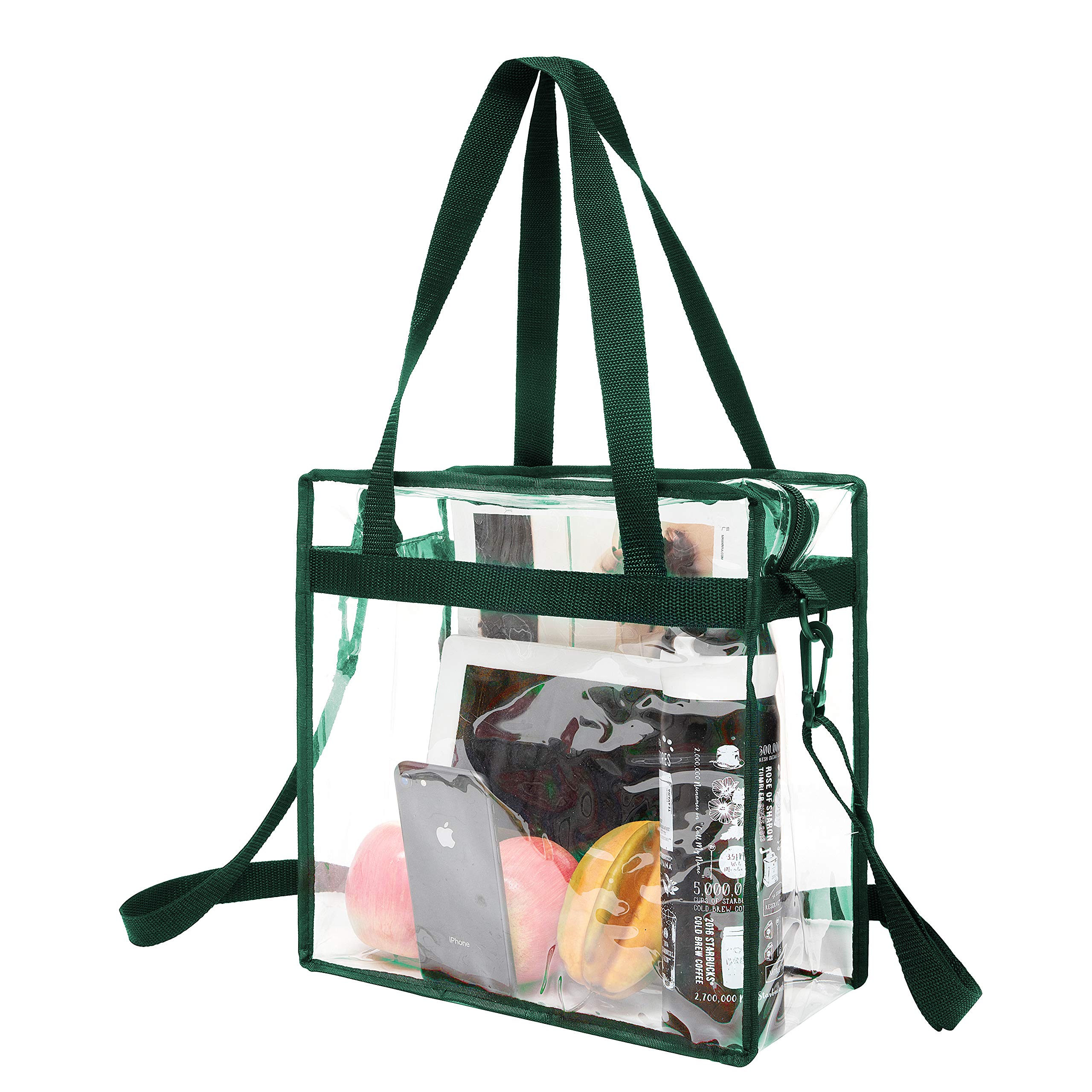 BAGAIL Clear bags Stadium Approved Clear Tote Bag with Zipper Closure Crossbody Messenger Shoulder Bag with Adjustable Strap(12 Inch X 12 Inch X 6 Inch,Green)