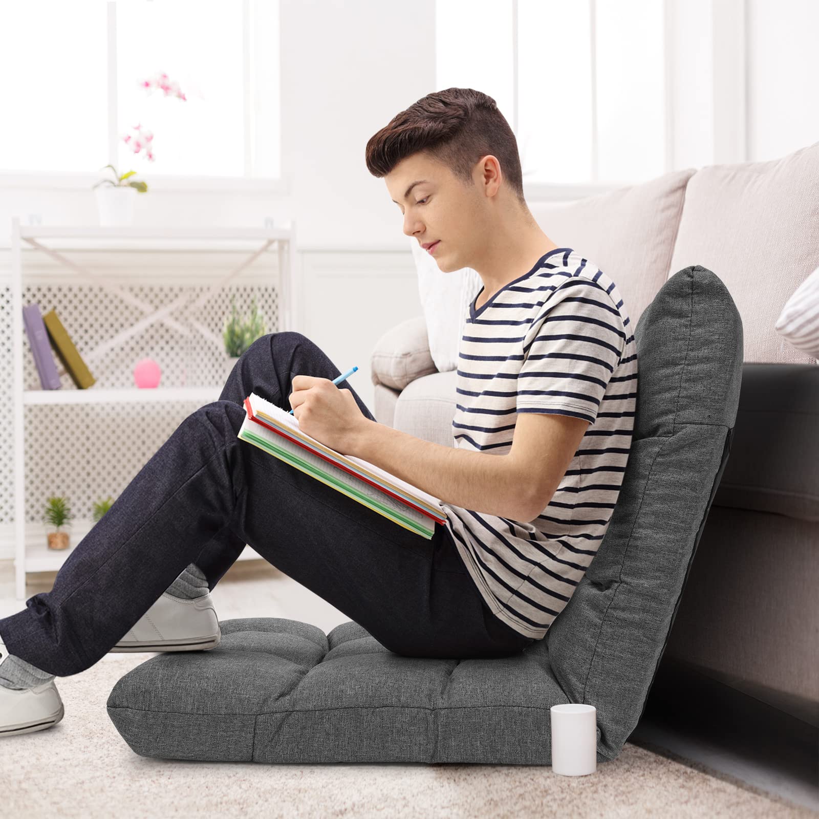 Giantex Floor Sofa Chair Video Gaming Chair with 14 Adjustable Position, Padded Back Support Floor Cushioned Seat, Folding Lazy Chair for Meditation, Reading, Watching, Living Room Recliner(Grey)