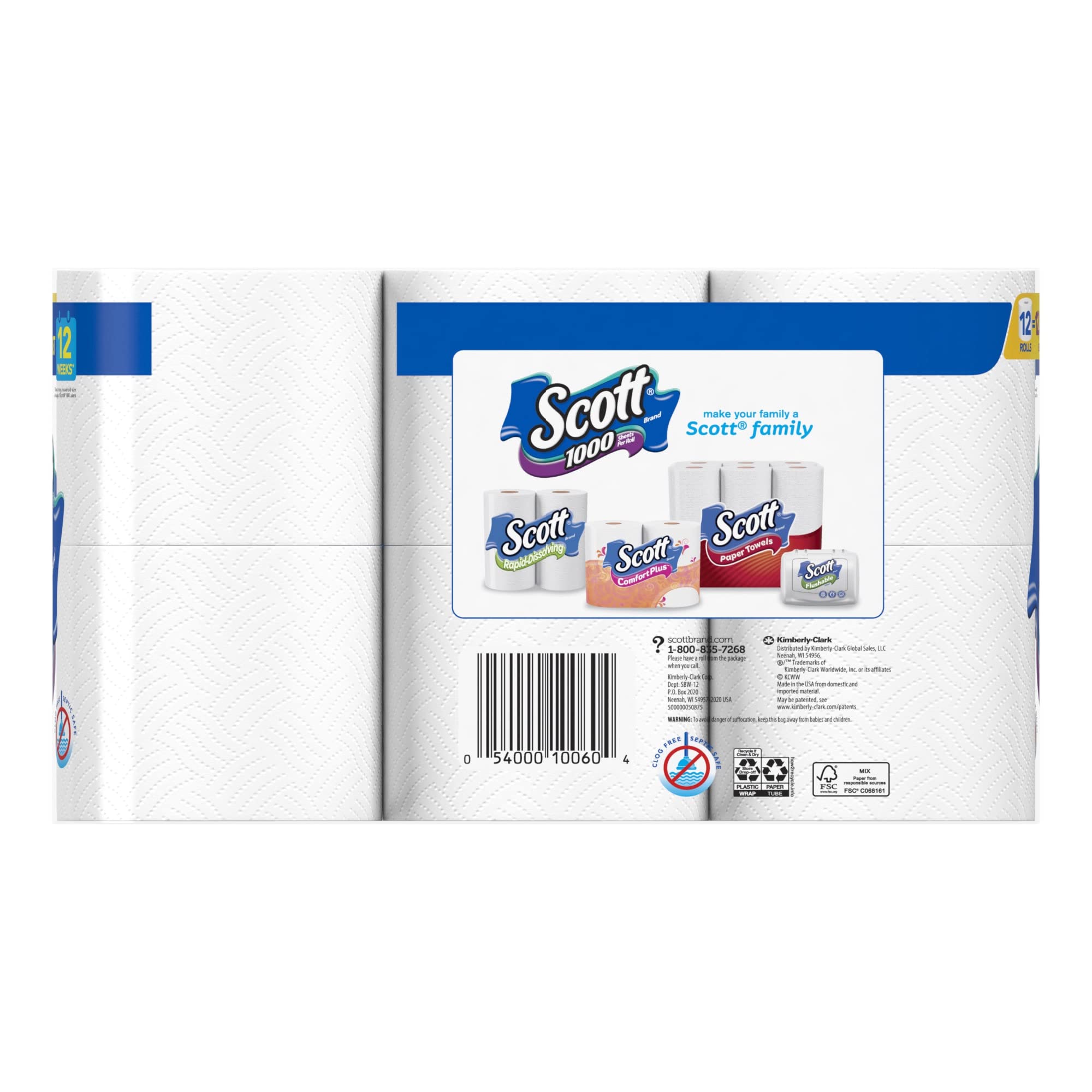 Scott 1000 Sheets Per Roll Toilet Paper, 12 Rolls, Bath Tissue