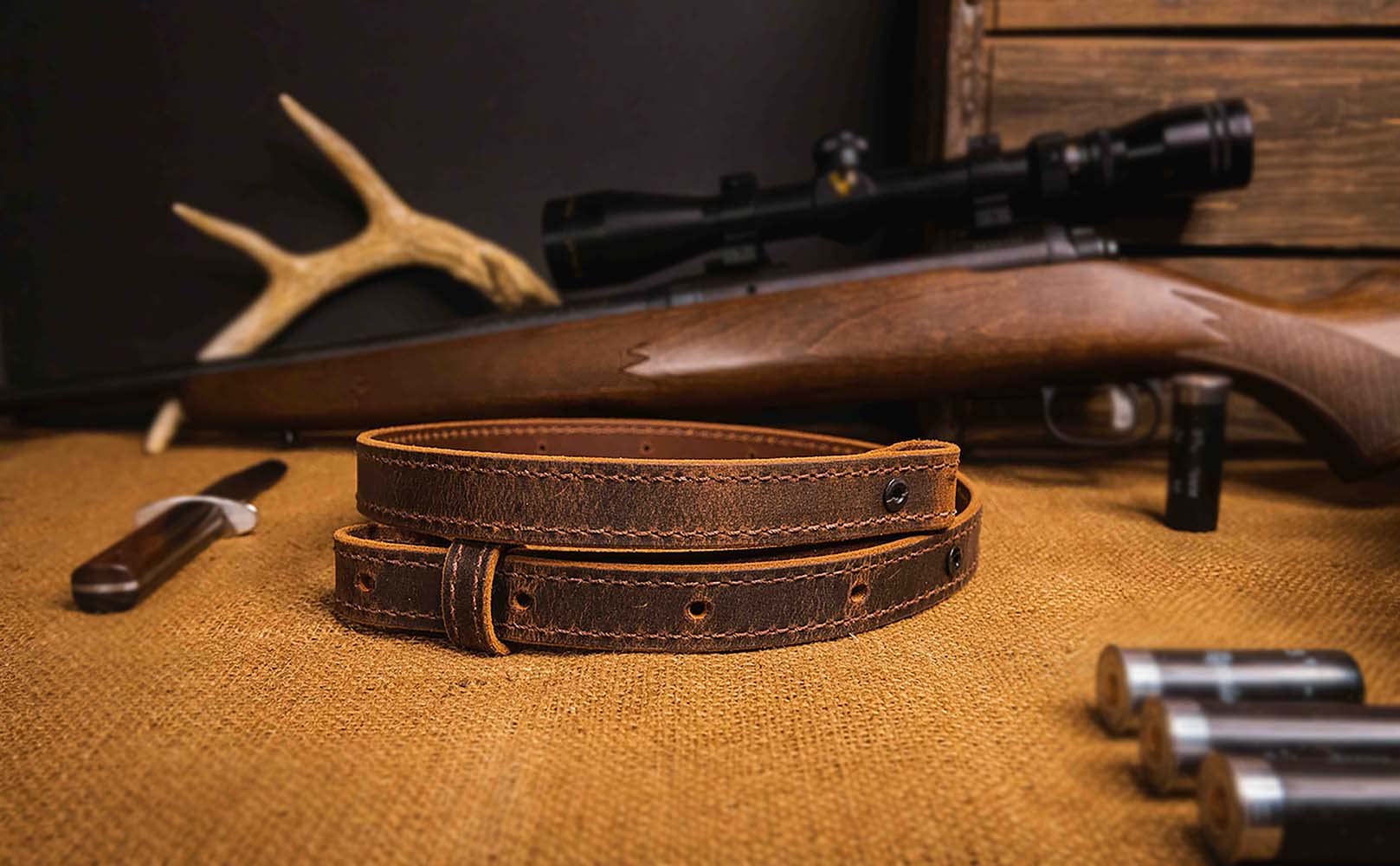 Nohma Leather Buffalo Leather Rifle Gun Sling, Crazy Horse/Brown Stitch, Amish Handmade 1" Width - Made in The USA