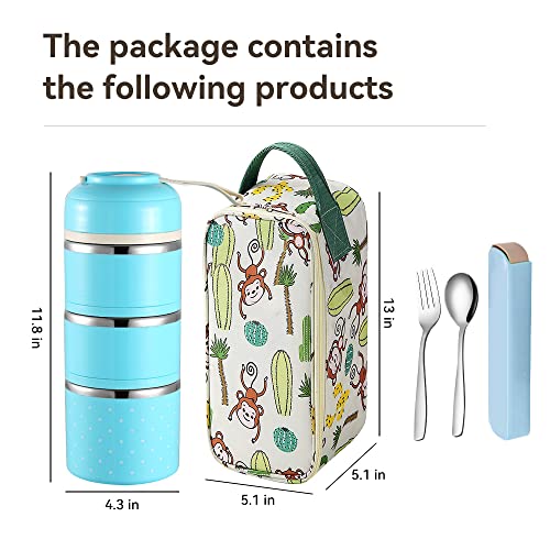 TiLeMiun Stackable Bento Lunch Box,Stainless Steel Lunch Containers With Lunch Bag & Utensil,Portable Leakproof Food Containers For Adults Kids School Picnic (Blue)