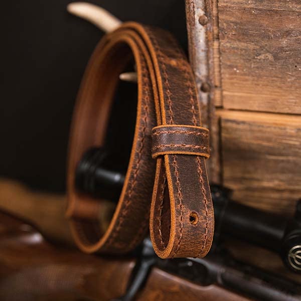 Nohma Leather Buffalo Leather Rifle Gun Sling, Crazy Horse/Brown Stitch, Amish Handmade 1" Width - Made in The USA