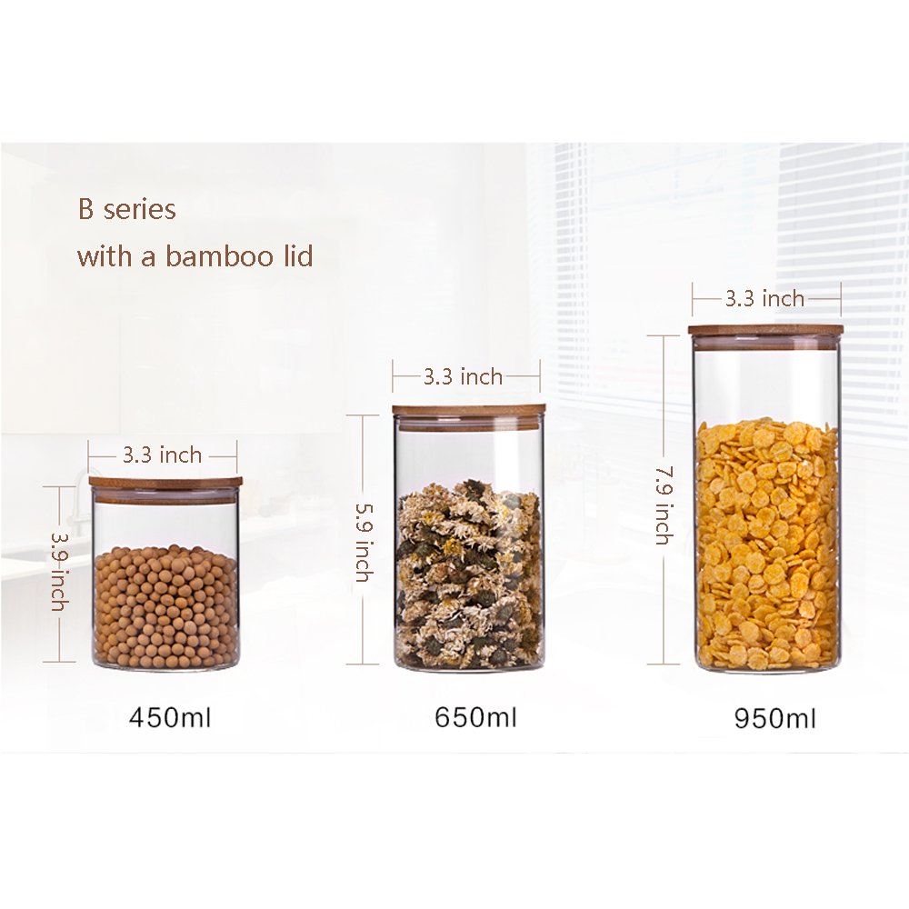 Newerlives Air Tight Storage Jar, Glass Storage Tank with a Natural Bamboo Lid, 450 ML, 650 ML, 950 ML (Bamboo, 450ML)