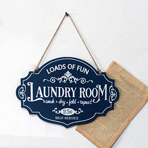 BetyHom 13×9 In Distressed Blue Wooden Laundry Room Wall Decor Sign Self Service Laundry Signs with Hang Rope