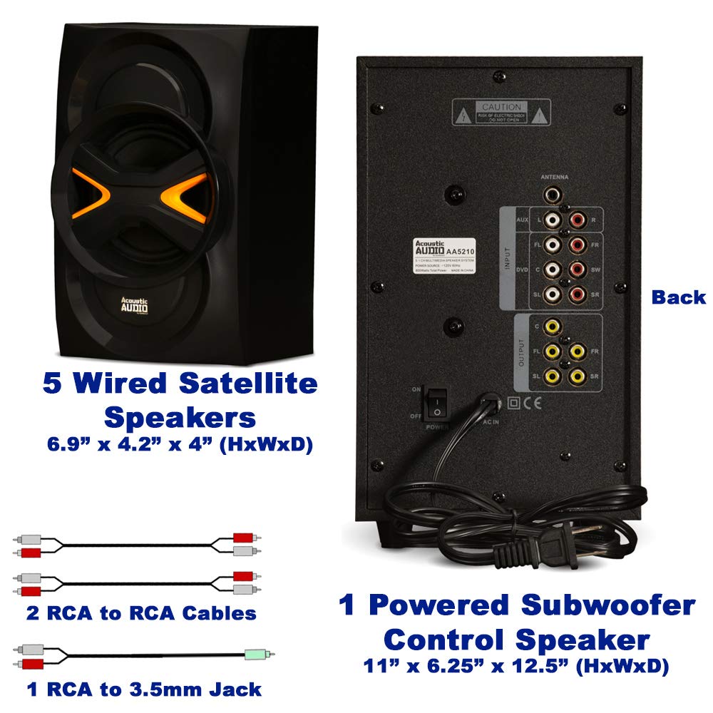 Acoustic Audio AA5210 Home 5.1 Speaker System with Bluetooth, LEDs, FM, Optical Input and 4 Ext. Cables